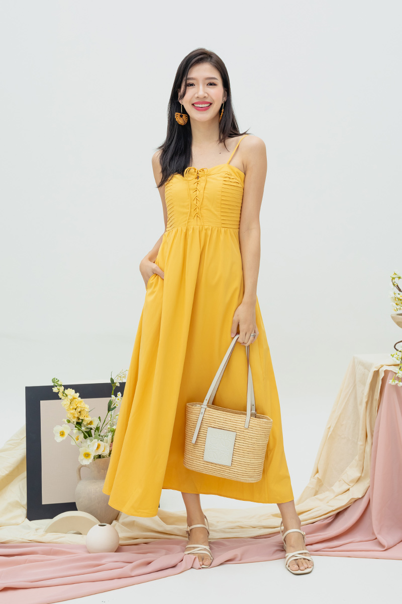 Genna Lace-Up Spag Dress in Marigold | FlymetoParis