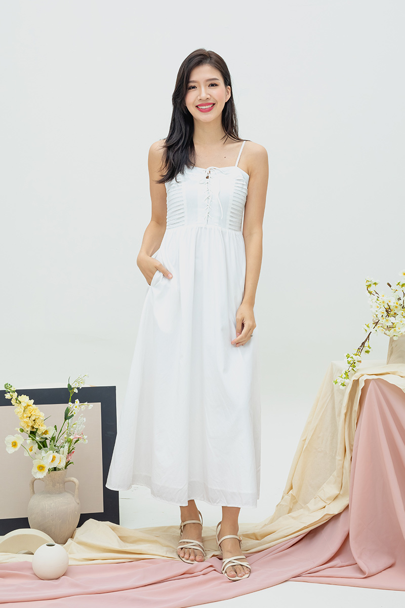 Genna Lace-Up Spag Dress in White | FlymetoParis