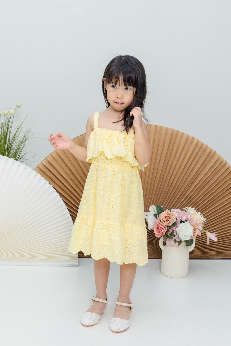 Sherry Scalloped Hem Eyelet Girls’ Dress in Daffodil Yellow | FlymetoParis