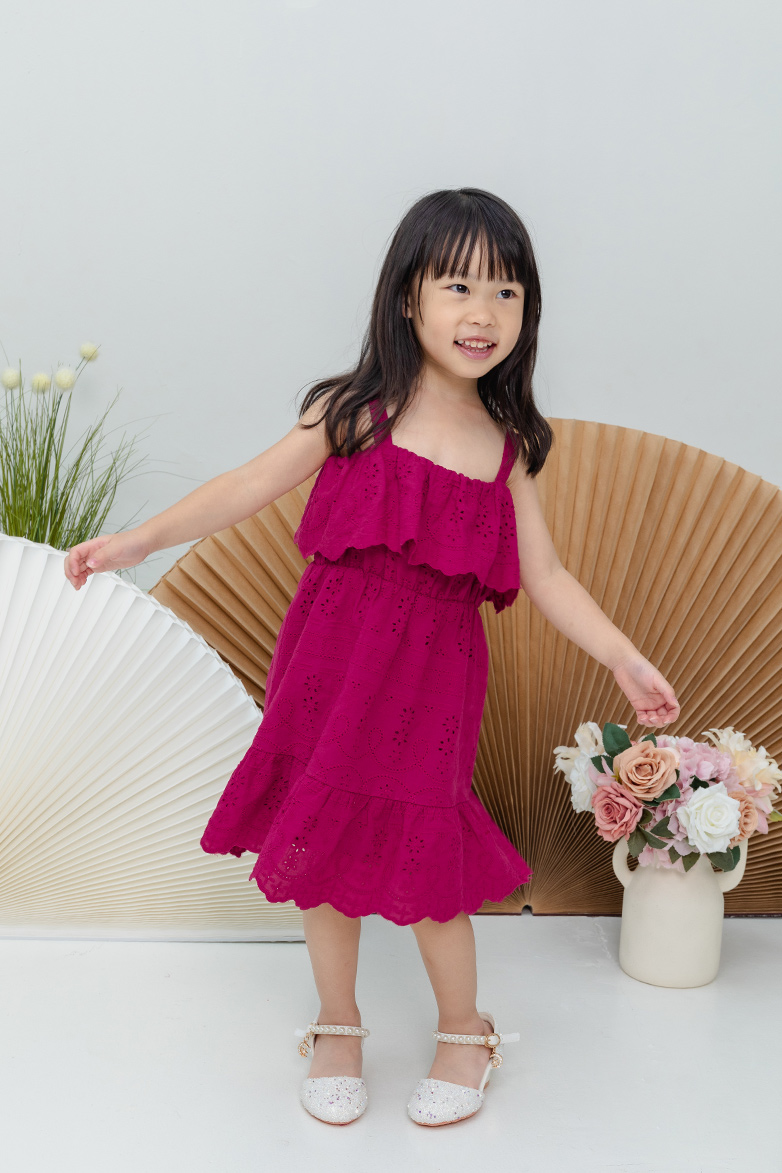 Sherry Scalloped Hem Eyelet Girls’ Dress in Magenta | FlymetoParis
