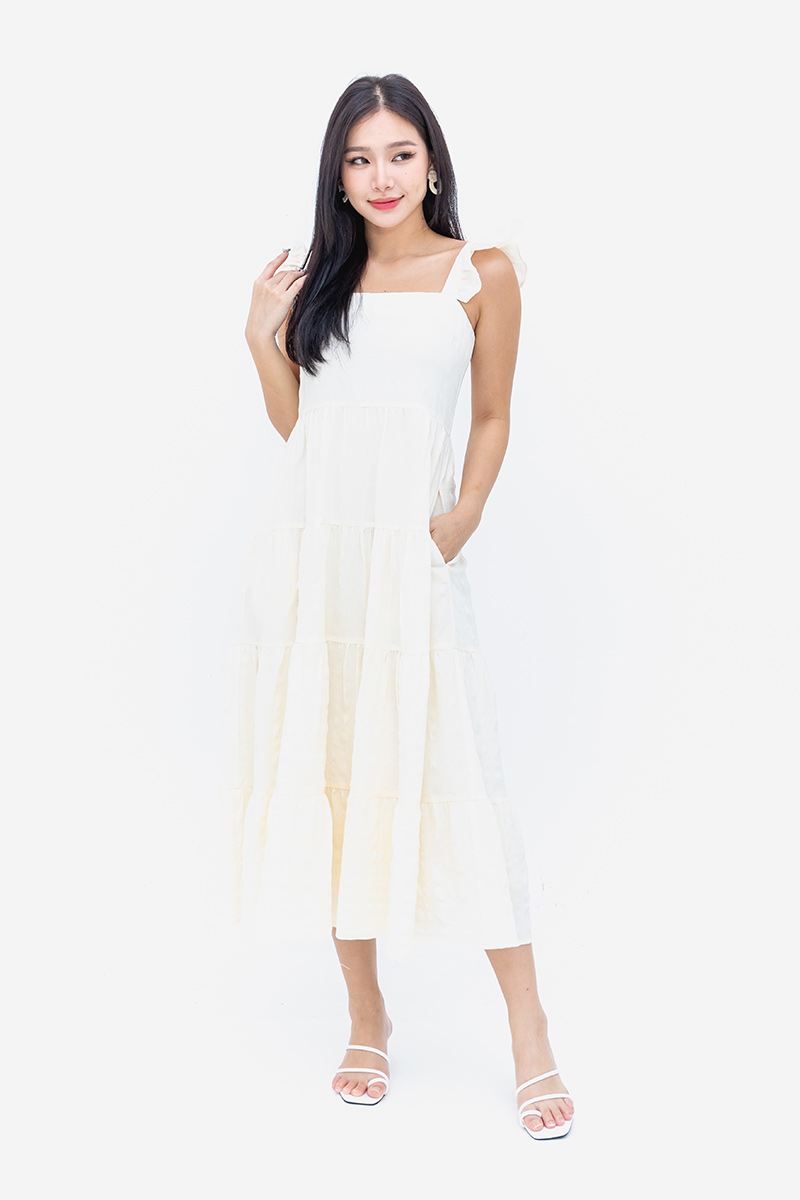 Lady Delight Ruffled Straps Dress in Ivory | FlymetoParis