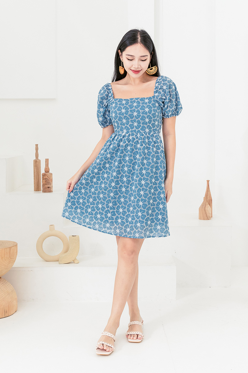 Enchanted Eyelet Sexy Back Dress in Carolina Blue | FlymetoParis